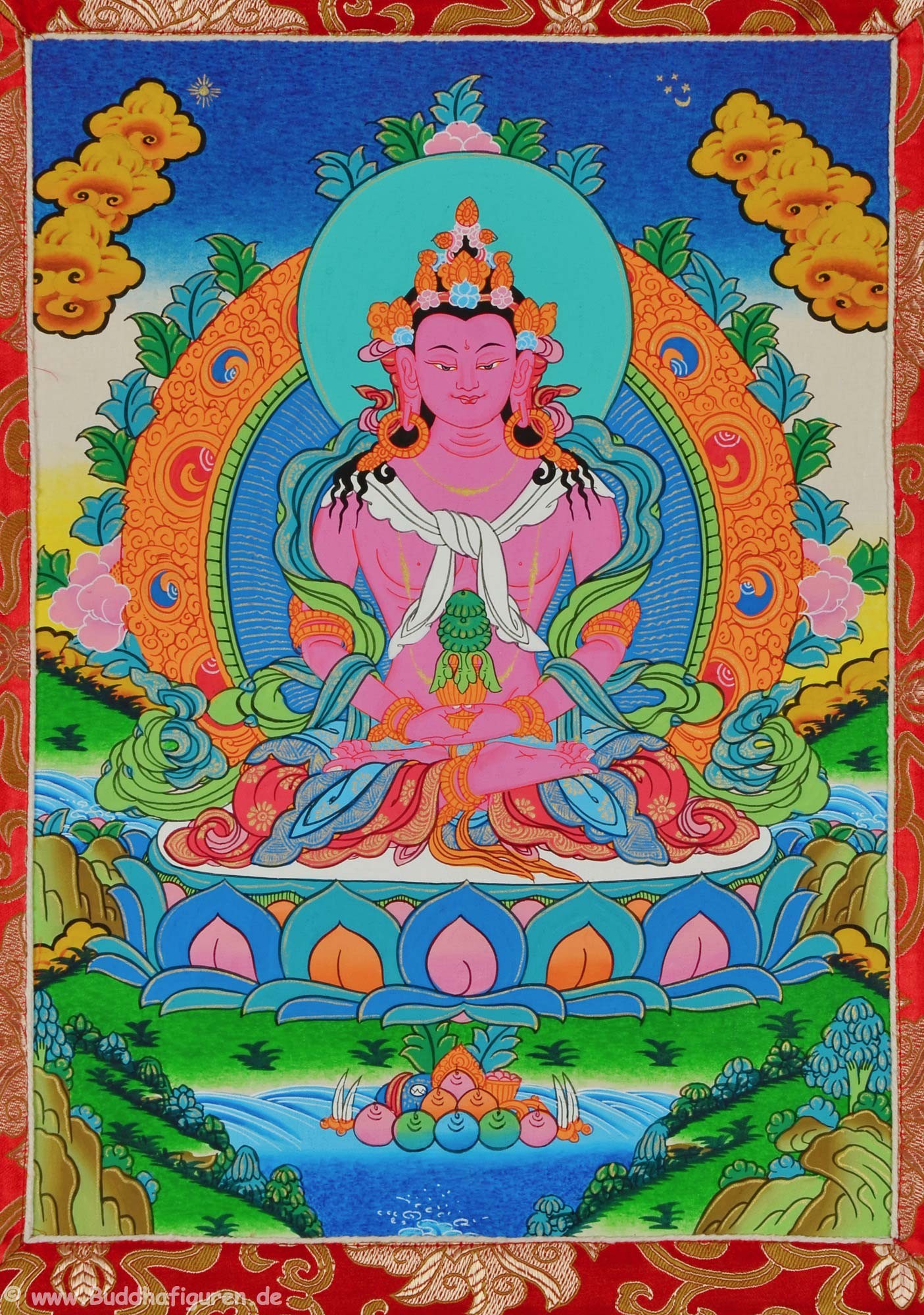 Thangka Amitayus im tibetischen Brokatrahmen